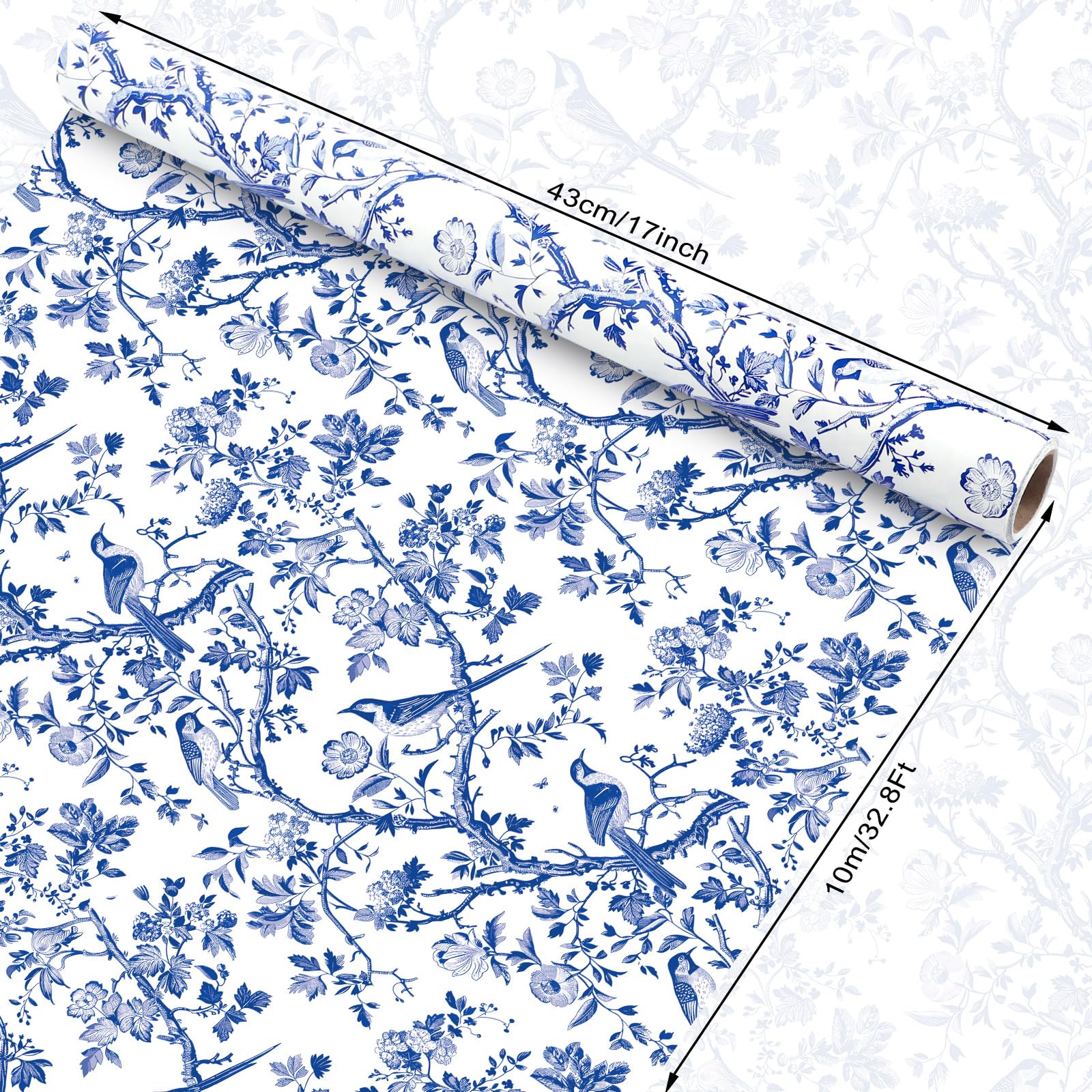 1 Roll Blue Floral Bird Wrapping Paper Mini Roll 17in x 32.8Ft Blue White Flowers Bird Pattern Gift Wrap Paper for Birthday Wedding Baby Shower Party Wrapping Supplies