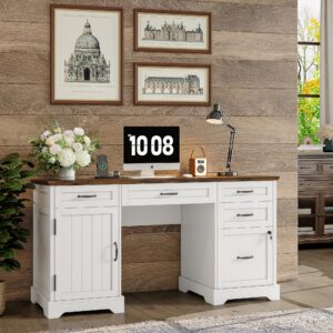 Alohappy 55'' Farmhouse Executive Desk, Home Office Desk with Drawers, Wood Computert Desk with File Cabinet and Power Outlets, White