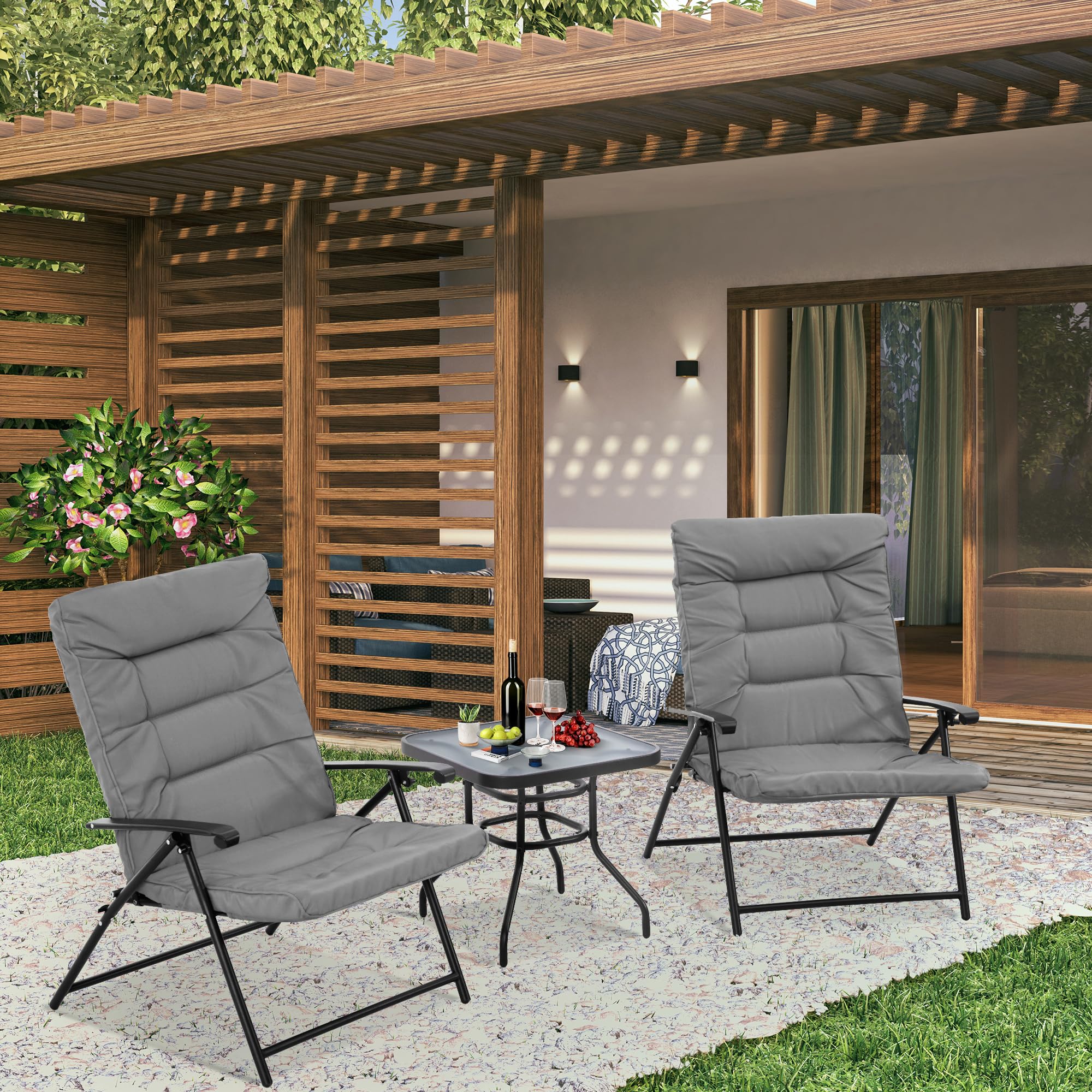 Brightpeak 3 Pcs Patio Folding Bistro Set, Outdoor Metal Adjustable Recliner Furniture Set, 2 Foldable Padded Chairs and Coffee Bistro Table Set for Balcony, Backyard, Porch (Grey)