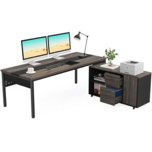 little tree 70.8" executive desk with lateral file cabinet, modern thickened wooden workstation l-shaped computer desk large home office writing desk for home office