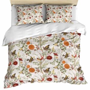 decorlovee orange green red botanical duvet cover set 3 pieces with zipper closure, vintage birds floral bedding sets 1 duvet cover & 2 pillow cases, breathable comforter cover set duvet cover full