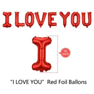 50 6inch red Heart Balloons Latex，18inch 10Pcs red Heart Balloons Foil ，1Pcs red I Love U Balloon，3Pcs Fireworks guns，Red Petals Kit for Valentines Day,Propose Marriage,Wedding Party