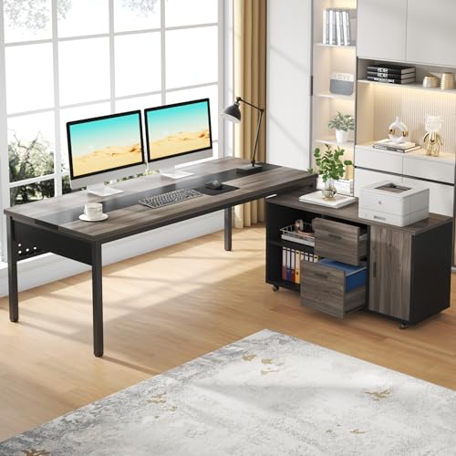 LITTLE TREE 70.8" Executive Desk with Lateral File Cabinet, Modern Thickened Wooden Workstation L-Shaped Computer Desk Large Home Office Writing Desk for Home Office