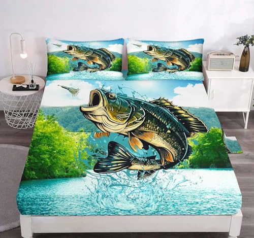 LUVIVIHOME 4PCS Fishing Sheets Set, King Bed Sheets, Forest Animal Hunting Lodge Country Rustic Farmhouse Bass Fish Bedding, Fishing Gifts for Men Boys, 1 Fitted Sheet & 1 Flat Sheet & 2 Pillowcases