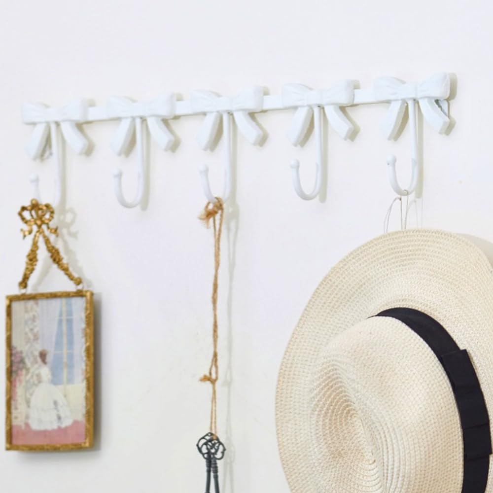 BOOMLATU White Bow Shape Hook Rustic Coat Rack Wall Hook,Metal Decorative Hook Wall Mounted Bow Coat Hook for Home Kitchen Bathroom Office (White, 5 Hooks)