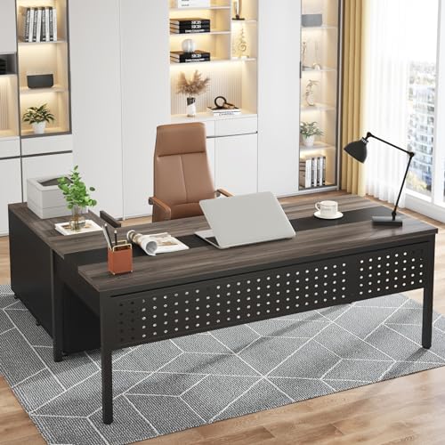 LITTLE TREE 70.8" Executive Desk with Lateral File Cabinet, Modern Thickened Wooden Workstation L-Shaped Computer Desk Large Home Office Writing Desk for Home Office