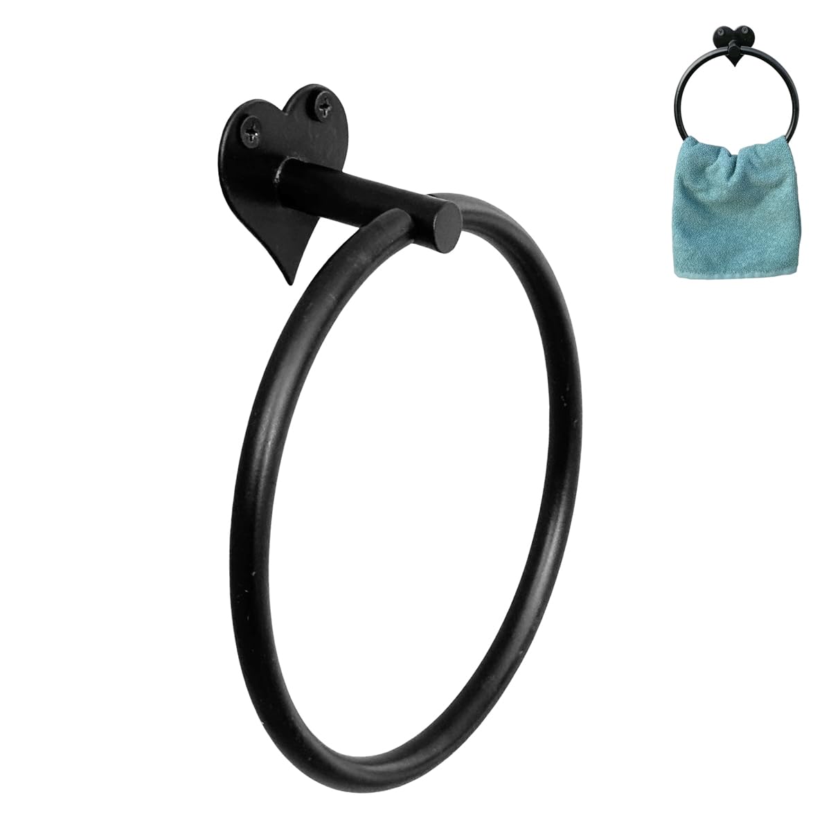 Hand Forged Heart Shape Towel Ring Holder Wrought Iron Handmade Wall Mounted Hand Towel Holder Modern Farmhouse Kitchen Towel Ring Heavy Duty Bathroom Towel Ring Matt Black by Living Ideas