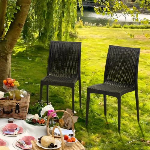 MALOL Outdoor Patio Chair Set of 4, Plastic Dinning Chairs, Stackable Wicker Style Plastic Chairs with Wide Seat and High Back for Dinning Room, Indoor, Outdoor, Restaurant, Bistro, Cafe, Black