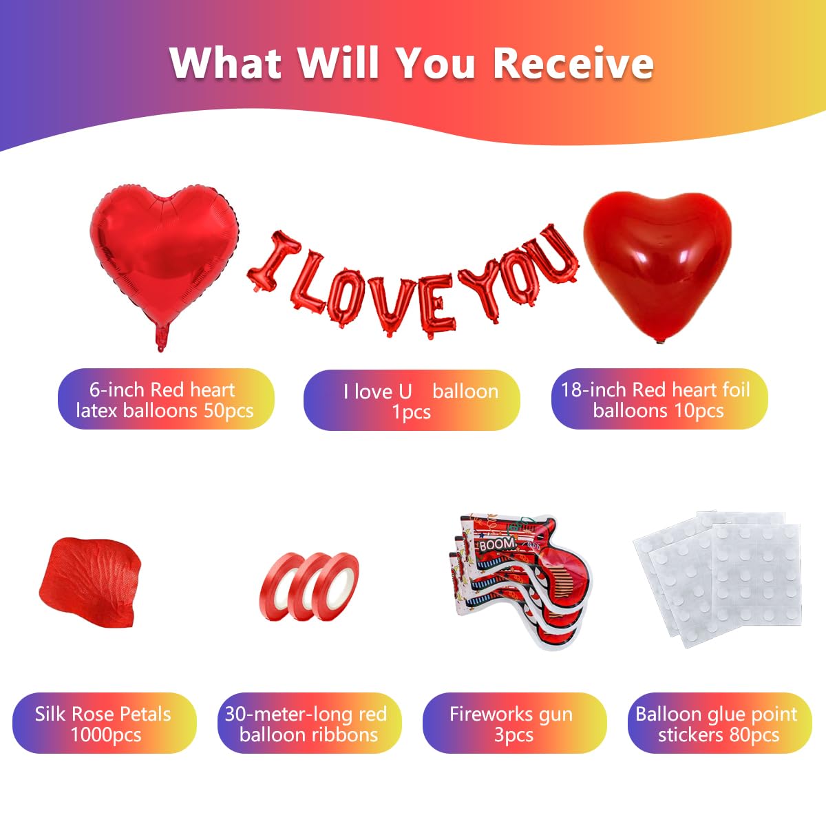 50 6inch red Heart Balloons Latex，18inch 10Pcs red Heart Balloons Foil ，1Pcs red I Love U Balloon，3Pcs Fireworks guns，Red Petals Kit for Valentines Day,Propose Marriage,Wedding Party