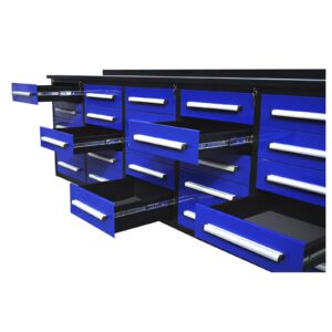 112"x26"x39" 10' Workbench with 25 Drawers - Lockable & Anti-Slip. Pre-Cut Liners. Secure Detents. New 3 Rail Sliding, Heavy-Duty. All Welded Steel. Rust-Resistant Paint