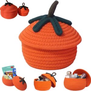 Halloween Pumpkin Basket with Lid, Halloween Pumpkin Woven Storage Basket, Candy Basket Decorative Cute Basket, Orange Woven Rope Basket for Store Toys Candys Snacks (Small)