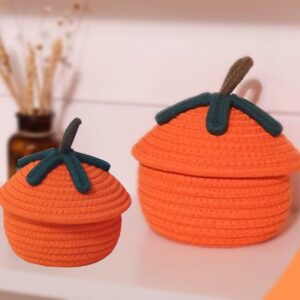 Halloween Pumpkin Basket with Lid, Halloween Pumpkin Woven Storage Basket, Candy Basket Decorative Cute Basket, Orange Woven Rope Basket for Store Toys Candys Snacks (Small)