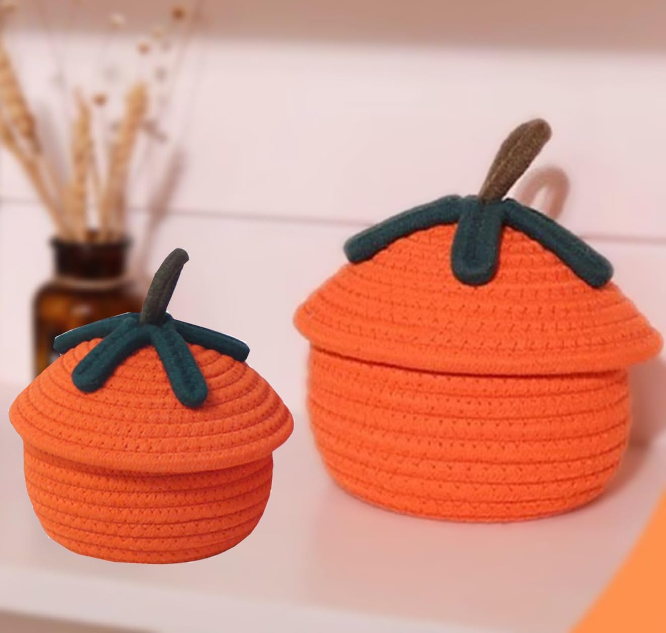 Halloween Pumpkin Basket with Lid, Halloween Pumpkin Woven Storage Basket, Candy Basket Decorative Cute Basket, Orange Woven Rope Basket for Store Toys Candys Snacks (Small)