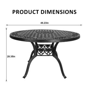 PATIO-IN 48.23" Patio Dinning Table, All-Weather Cast Aluminum Table with 2.36" Umbrella Hole, Patio Furniture Table, Outdoor Dining Table for Backyard and Poolside