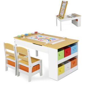 kinder king kids art table & easel chair set, 3 in 1 wood children activity table, 6 storage bins, paper roll, paint cups, toddler craft and play table for art, drawing, reading, playroom, natural