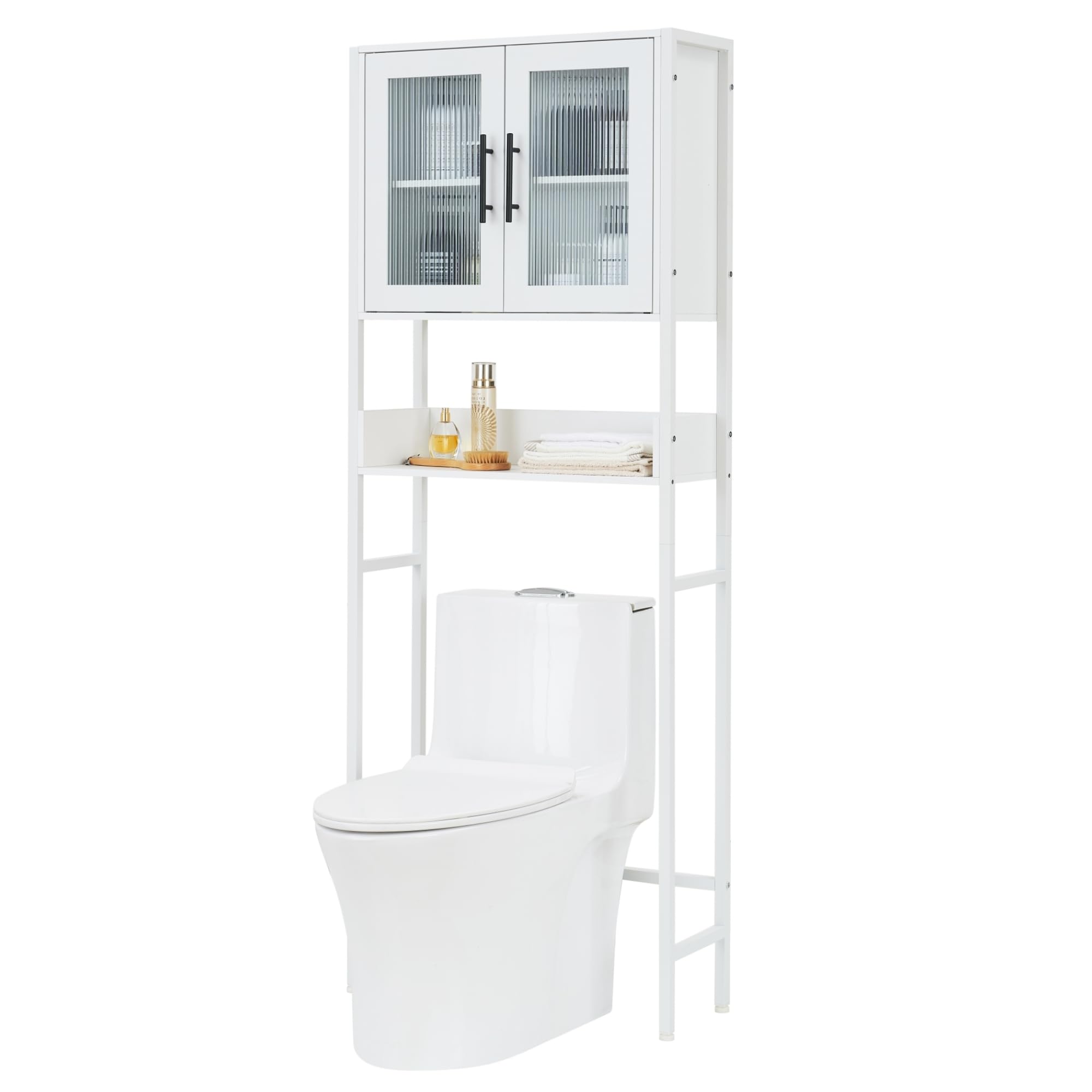 GarveeHome Bathroom Over The Toilet Storage Cabinet with Glass Doors, Adjustable Shelves, Large Storage Organizer, White