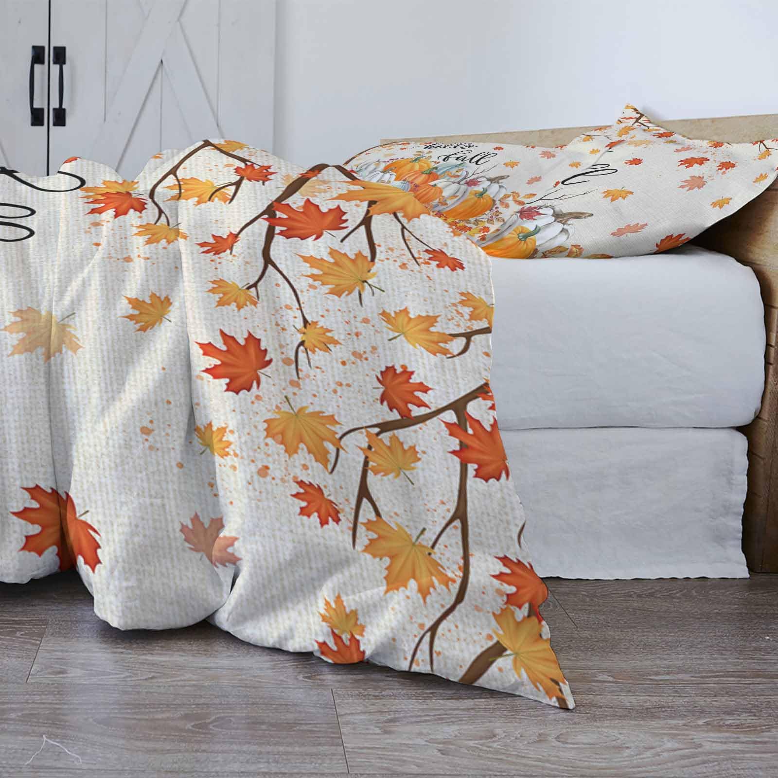 DecorLovee Hello Fall Duvet Cover Set 3 Pieces with Zipper Closure, Pumpkins Autumn Botanical Thanksgiving Rustic Bedding Sets 1 Duvet Cover & 2 Pillow Cases, Comforter Cover Set Duvet Cover Queen