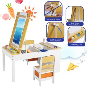 Kinder King Kids Art Table & Easel Chair Set, 3 in 1 Wood Children Activity Table, 6 Storage Bins, Paper Roll, Paint Cups, Toddler Craft and Play Table for Art, Drawing, Reading, Playroom, Natural