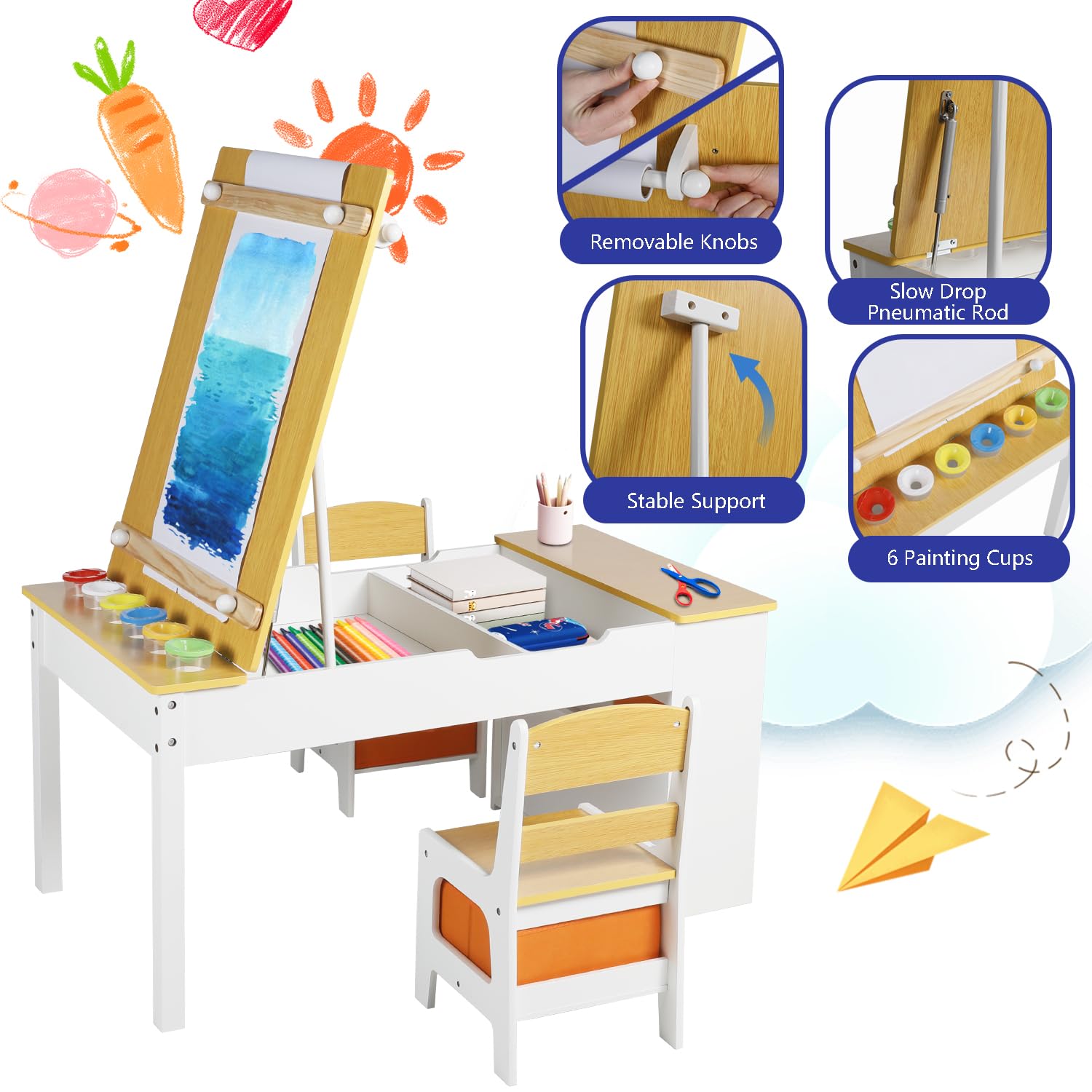 Kinder King Kids Art Table & Easel Chair Set, 3 in 1 Wood Children Activity Table, 6 Storage Bins, Paper Roll, Paint Cups, Toddler Craft and Play Table for Art, Drawing, Reading, Playroom, Natural