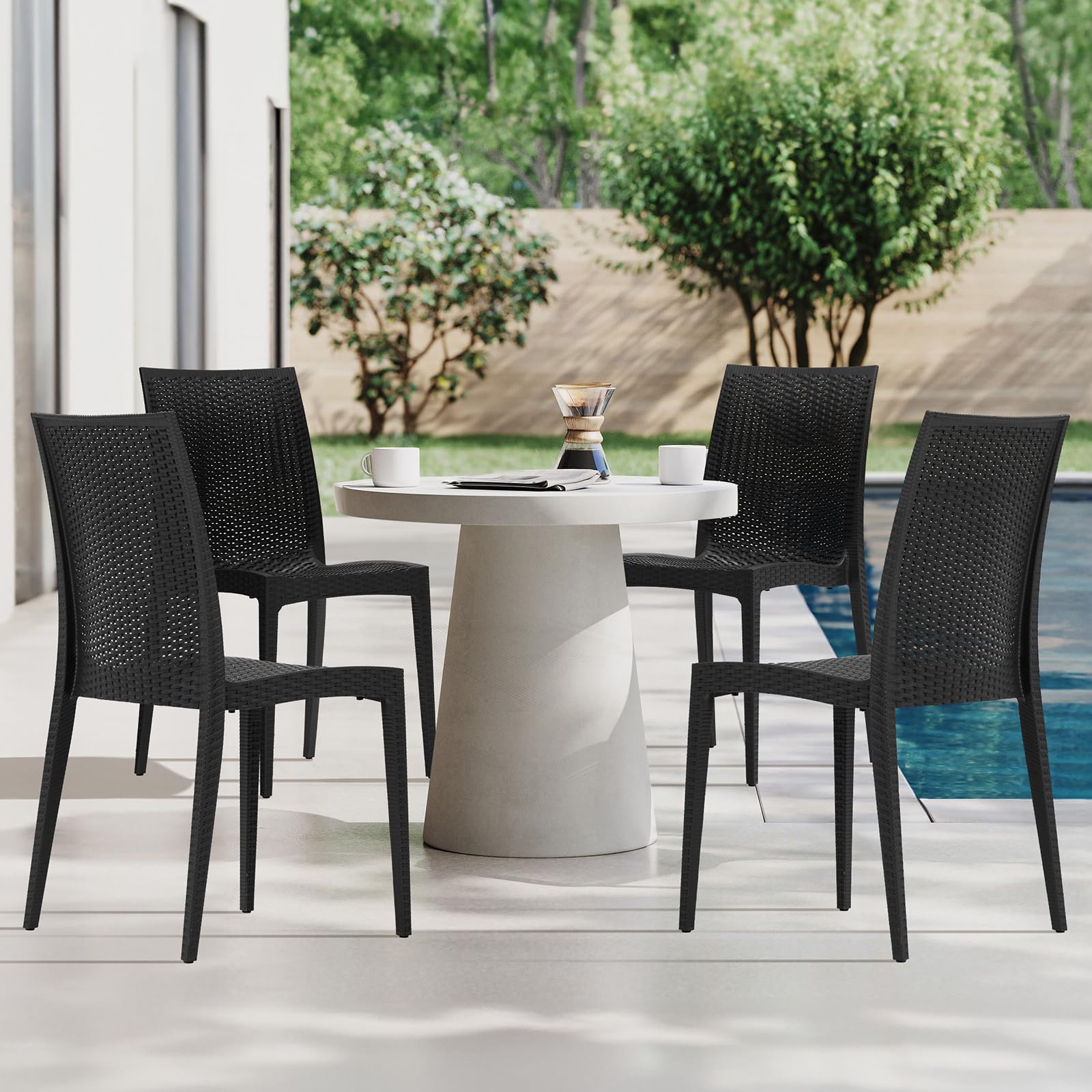 MALOL Outdoor Patio Chair Set of 4, Plastic Dinning Chairs, Stackable Wicker Style Plastic Chairs with Wide Seat and High Back for Dinning Room, Indoor, Outdoor, Restaurant, Bistro, Cafe, Black