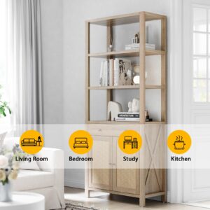 MECHYIN Bookshelf, Bookcase Rattan Boho, Tall 5 Tier Bookshelf Storage Cabinet with Doors and Shelves for Living Room, Bedroom, Kitchen& Library (2 Pieces)