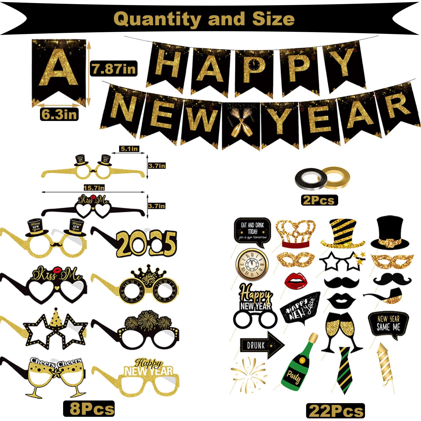 2025 Happy New Years Decorations Set New Years Eve Party Supplies 2025, Happy New Year Banner, Gold Numbers 2025 New Year Balloons, New Year Photo Props and Happy New Year Glasses