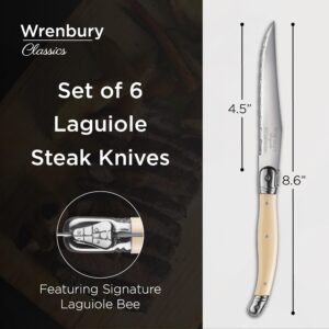 Wrenbury Classics Laguiole Steak Knives Set of 6 Stainless Steel – Dishwasher Safe Sharp Serrated Steak Knife Set, French Design Steak Knives for Dining - Ivory