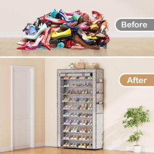 10+1 Tiers Large Shoe Rack with Covers, Stackable Tall Shoe Rack Organizer Shoe Shelf Holds 50-55Pairs Sturdy Metal Shoe Rack Storage Organizer Cabinet, Shoe Racks Organizer for Entryway Closet Garage