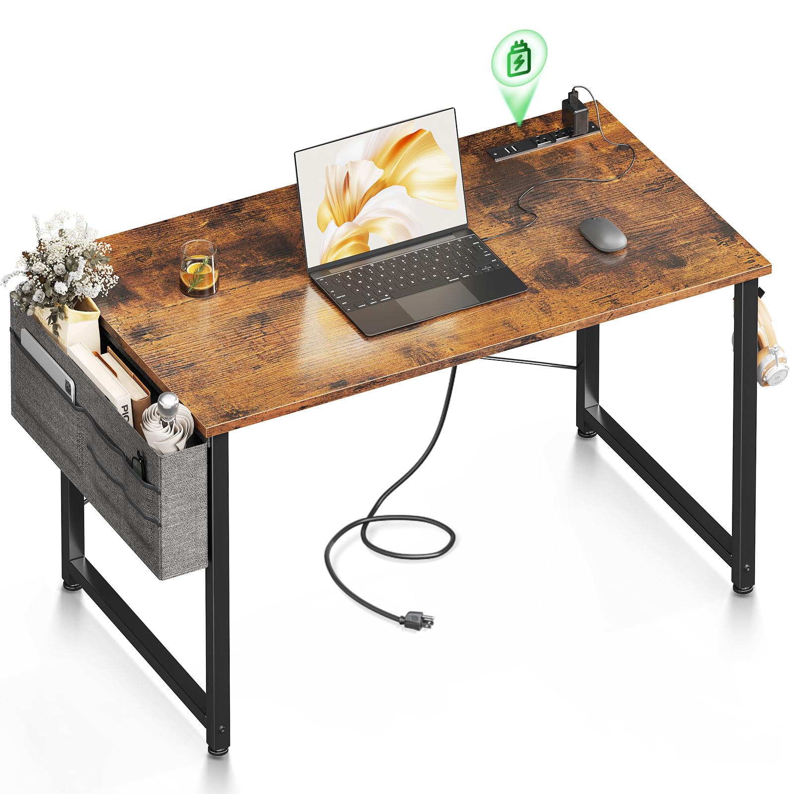 Casaottima 40 inch Computer Desk, Modern Simple Style Desk for Home Office, Study Student Writing Desk with Charging Station Outlets Built in, Rustic