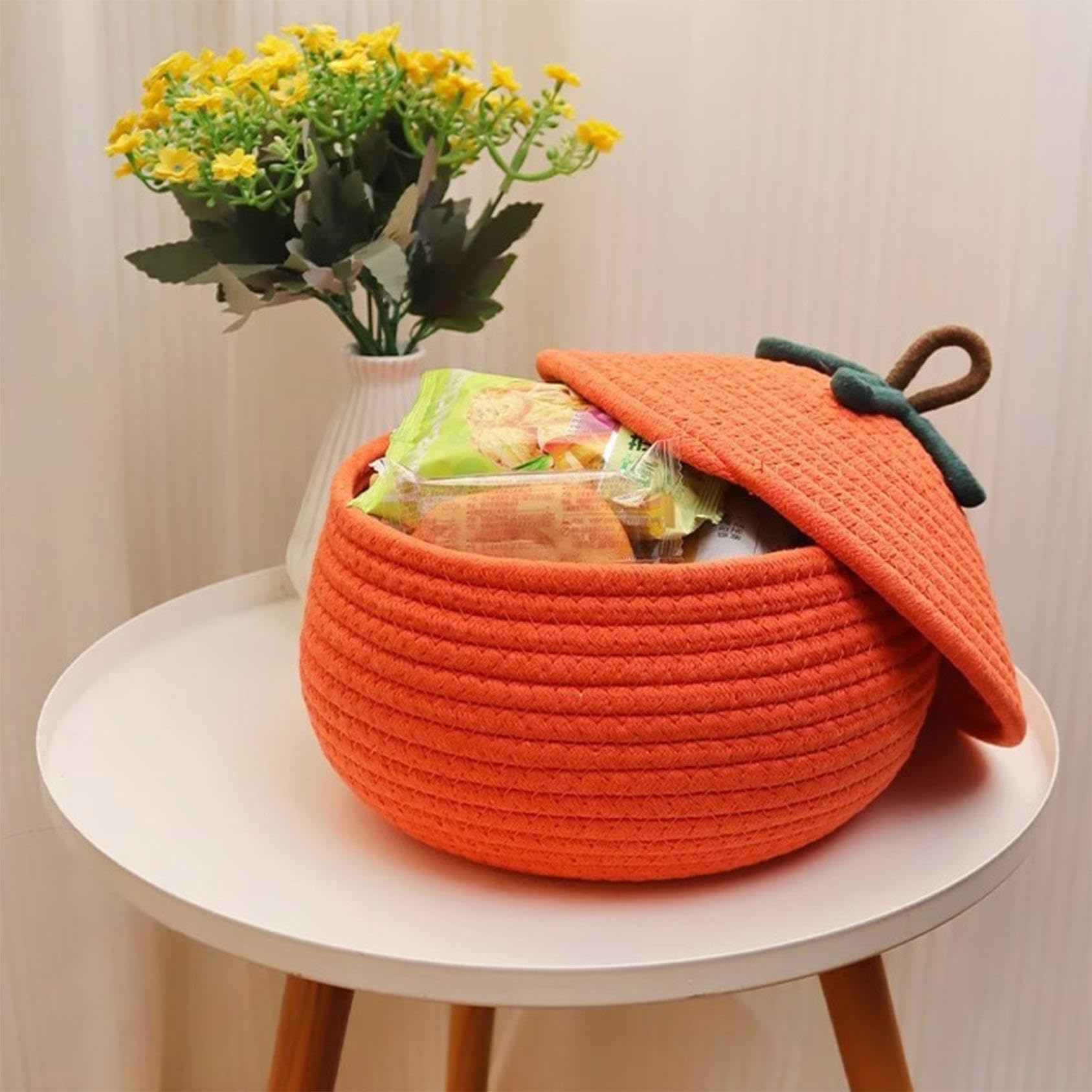 Halloween Pumpkin Basket with Lid, Halloween Pumpkin Woven Storage Basket, Candy Basket Decorative Cute Basket, Orange Woven Rope Basket for Store Toys Candys Snacks (Small)