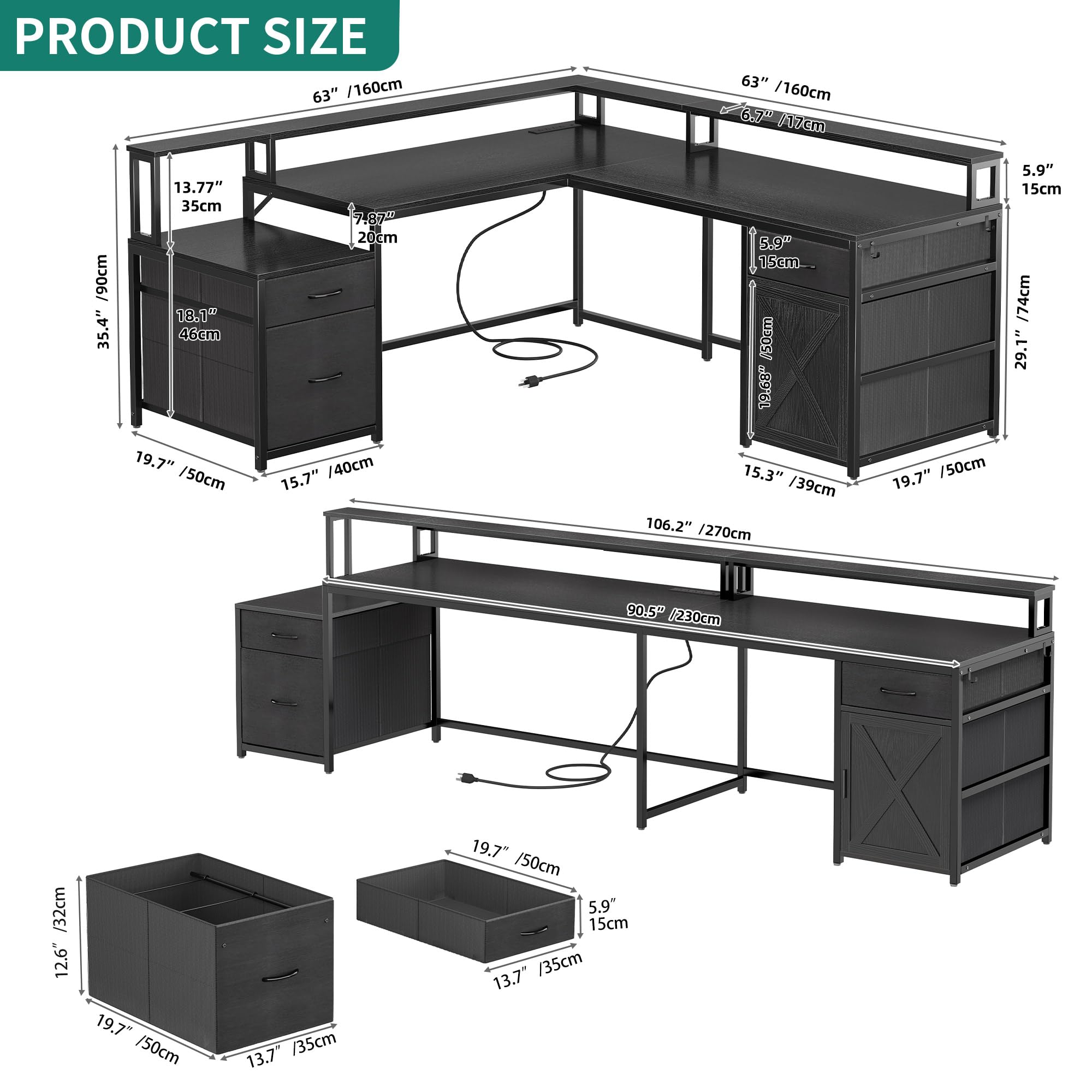 YITAHOME L Shaped Desk, 63" Reversible Computer Desk with 3 Drawers & Power Outlets, Corner Desk with LED Lights & Storage Cabinet, Long Home Office Desk, Black