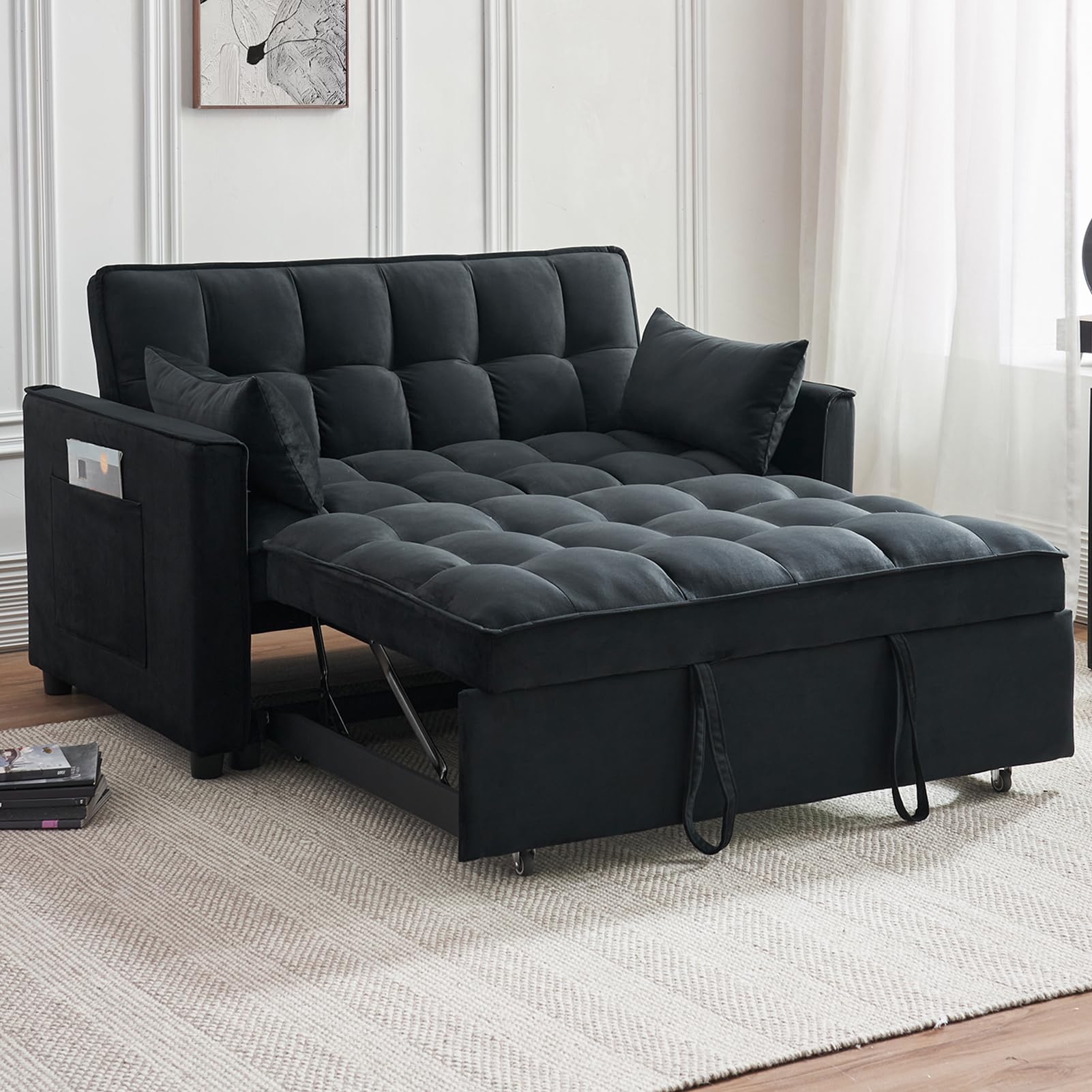 ECHINGLE Sleeper Sofa Bed, 3-in-1 Velvet Pull Out Couch with Armrests, Storage Pockets and 2 Pillows, Adjustable Backrest, Sofa Bed Couch for Living Room, Bedroom(Black)