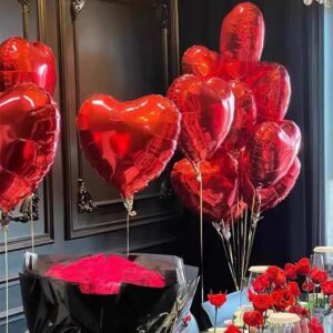 50 6inch red Heart Balloons Latex，18inch 10Pcs red Heart Balloons Foil ，1Pcs red I Love U Balloon，3Pcs Fireworks guns，Red Petals Kit for Valentines Day,Propose Marriage,Wedding Party