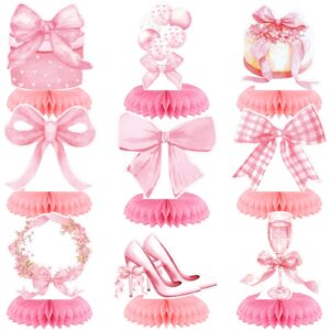 9 pcs pink bow honeycomb centerpieces party decorations, coquette birthday decorations girl bow theme party decor pink bow table decor for girl bachelorette baby shower bridal shower party supplies