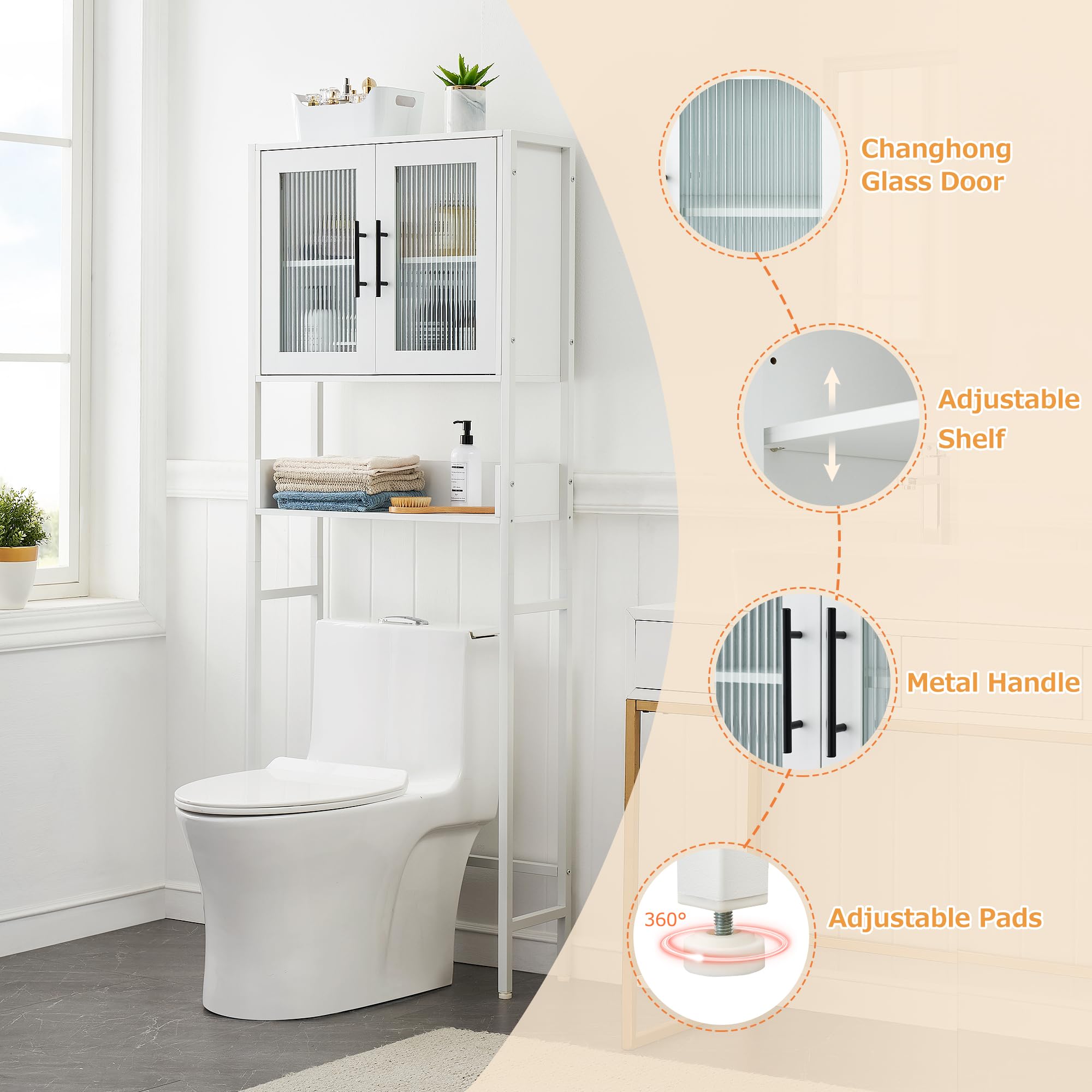 GarveeHome Bathroom Over The Toilet Storage Cabinet with Glass Doors, Adjustable Shelves, Large Storage Organizer, White