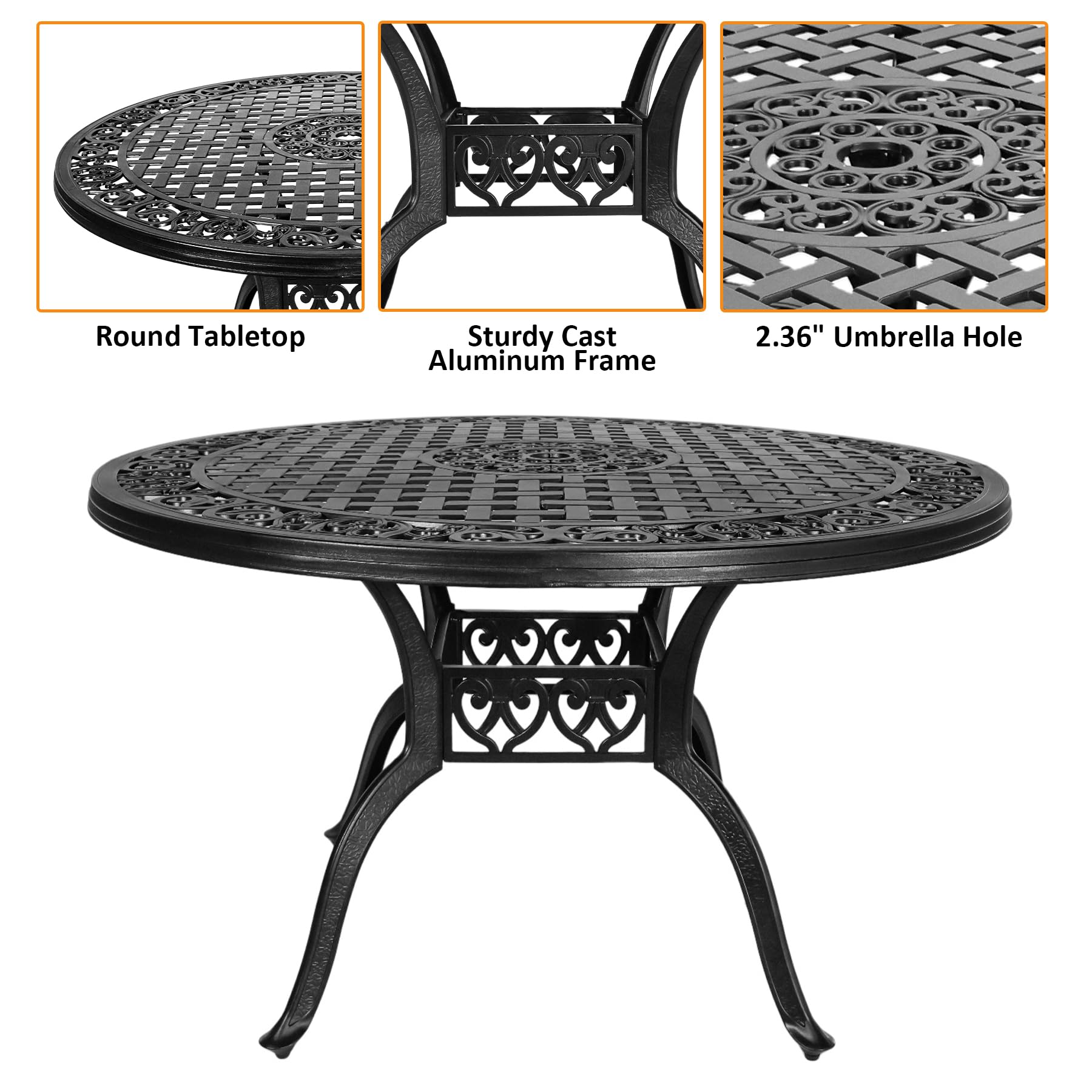 PATIO-IN 48.23" Patio Dinning Table, All-Weather Cast Aluminum Table with 2.36" Umbrella Hole, Patio Furniture Table, Outdoor Dining Table for Backyard and Poolside