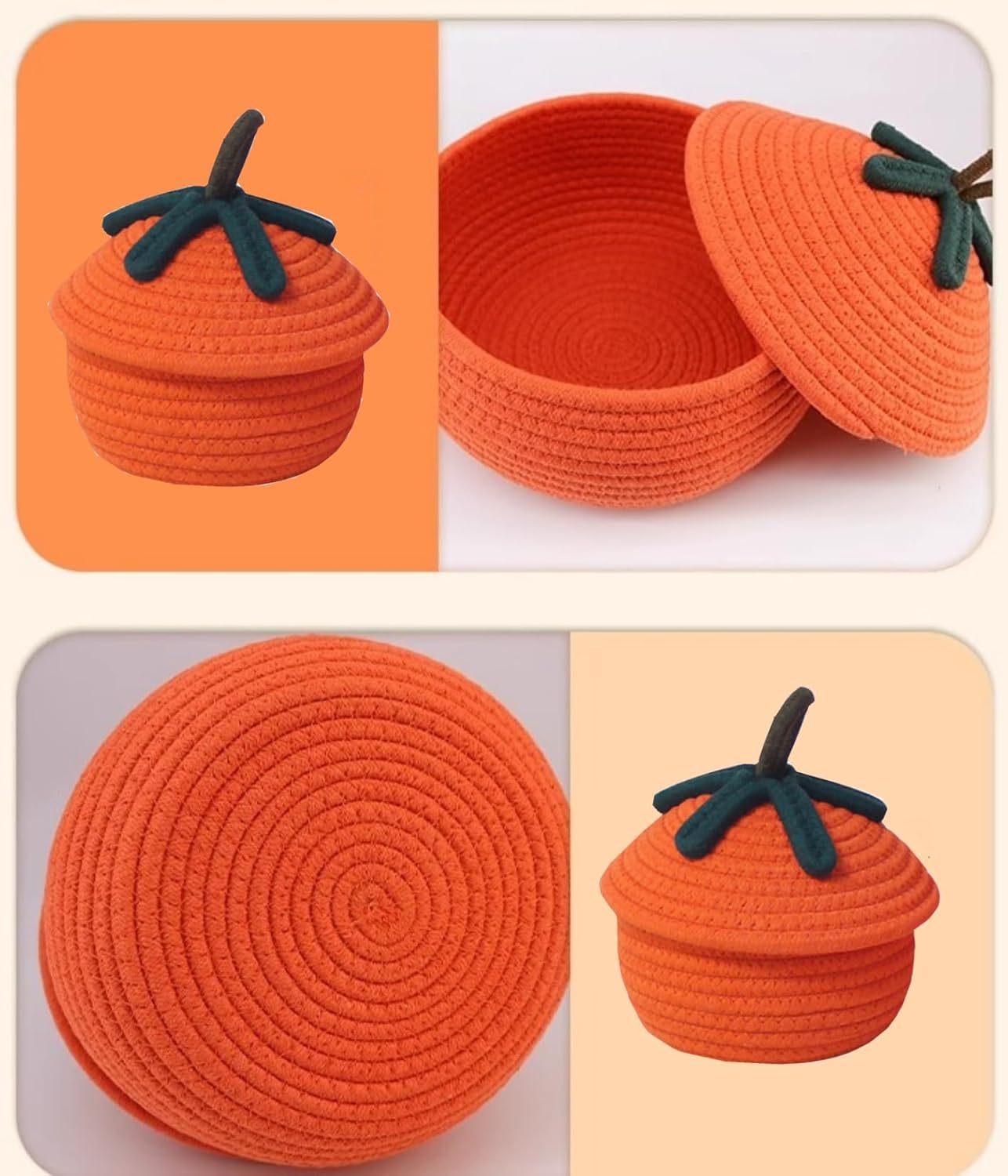 Halloween Pumpkin Basket with Lid, Halloween Pumpkin Woven Storage Basket, Candy Basket Decorative Cute Basket, Orange Woven Rope Basket for Store Toys Candys Snacks (Small)