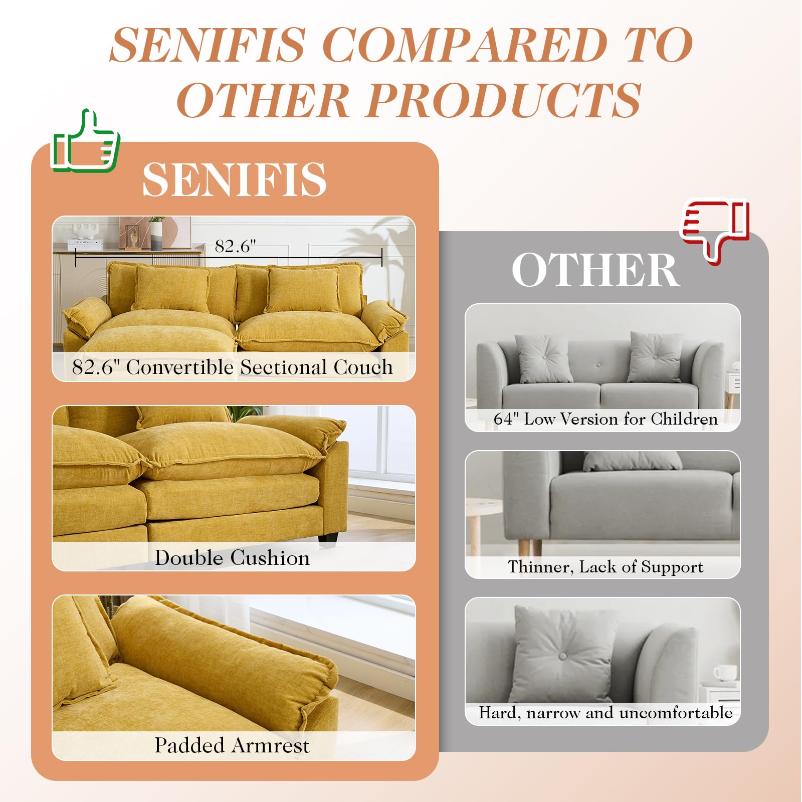 SENIFIS 86" Sectional Sofa Couch, Chenille L-Shaped Loveseat Sleeper Sofa Couch with Movable Ottoman,Lumbar Pillows, Comfy Cloud Sofa Couches for Living Room (Yellow, Loveseat)