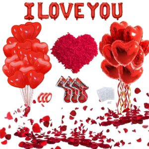 50 6inch red heart balloons latex，18inch 10pcs red heart balloons foil ，1pcs red i love u balloon，3pcs fireworks guns，red petals kit for valentines day,propose marriage,wedding party