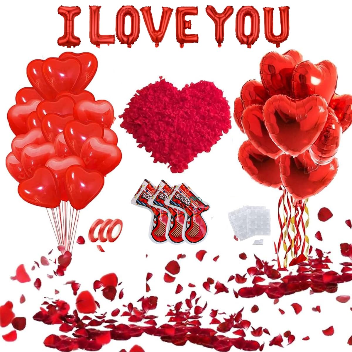 50 6inch red Heart Balloons Latex，18inch 10Pcs red Heart Balloons Foil ，1Pcs red I Love U Balloon，3Pcs Fireworks guns，Red Petals Kit for Valentines Day,Propose Marriage,Wedding Party