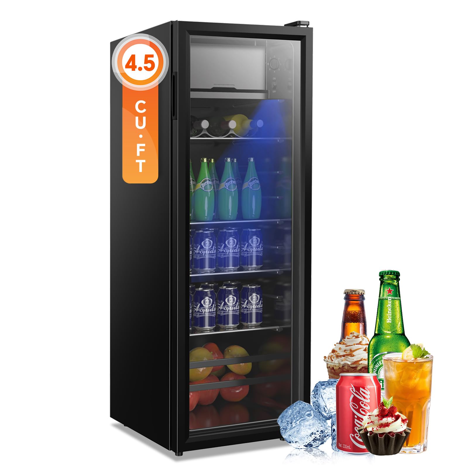 AXUTL Beverage Fridge Glass Door with Freezer 4.5 Cu.ft Small Beverage Refrigerator, Apartment Size Refrigerator Compact Drink Fridge Mini Wine Beer Cooler Office/Bar/Bedroom