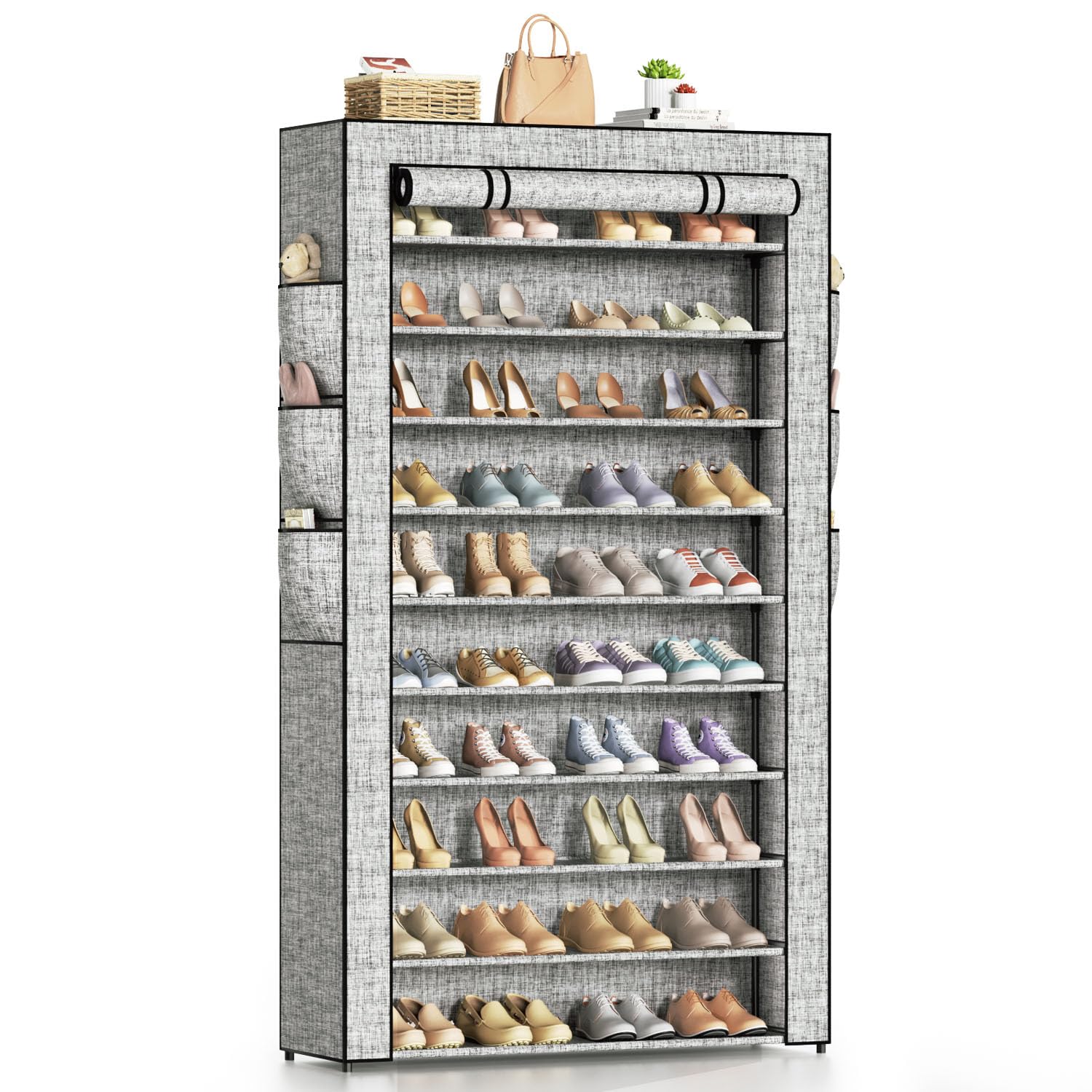 10+1 Tiers Large Shoe Rack with Covers, Stackable Tall Shoe Rack Organizer Shoe Shelf Holds 50-55Pairs Sturdy Metal Shoe Rack Storage Organizer Cabinet, Shoe Racks Organizer for Entryway Closet Garage