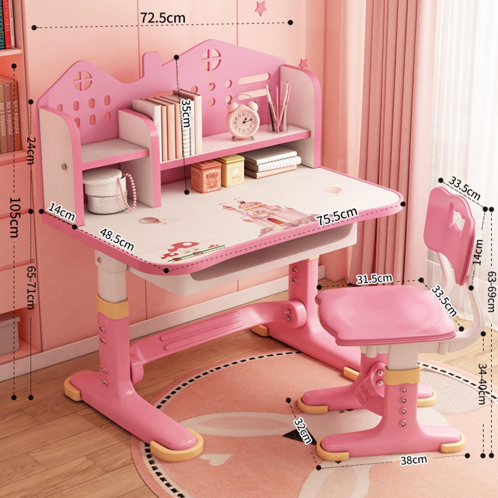 Kids Study Desk and Chair Set Children Desk Height Adjustable Children School Study Desk Student Desk Kids Table and Chairs with Drawer Shelf Desk for Bedroom Pink Kawaii Desk (Pink)