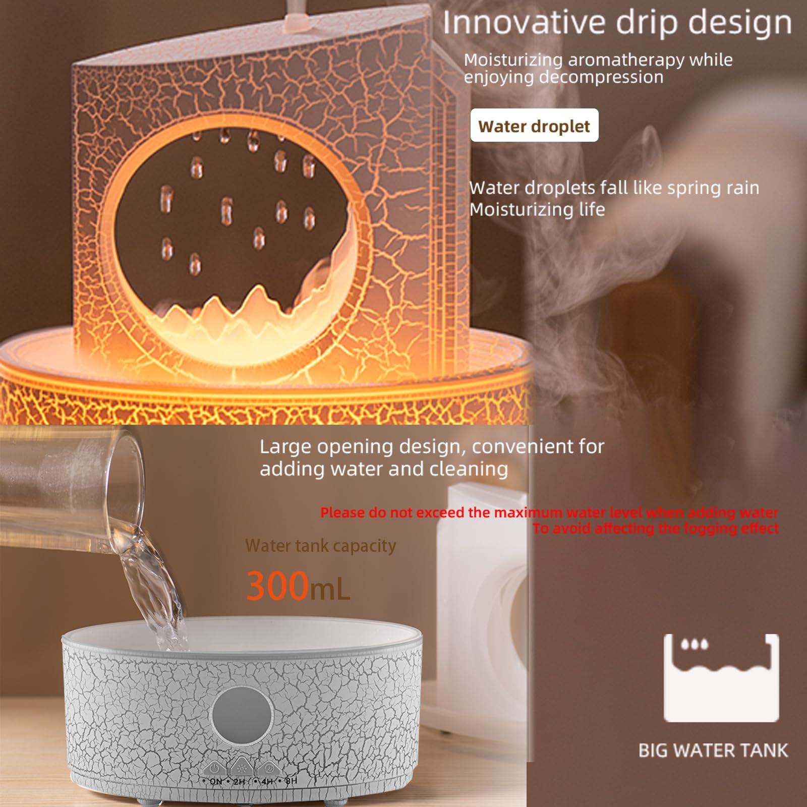 Aromatherapy Humidifier for Sleep Relaxation, Raindrop Humidifiers,Aromatherapy Diffuser with 3 LED Color Changing Lights and Auto-Off, Air humidifier Suitable for Home, Office