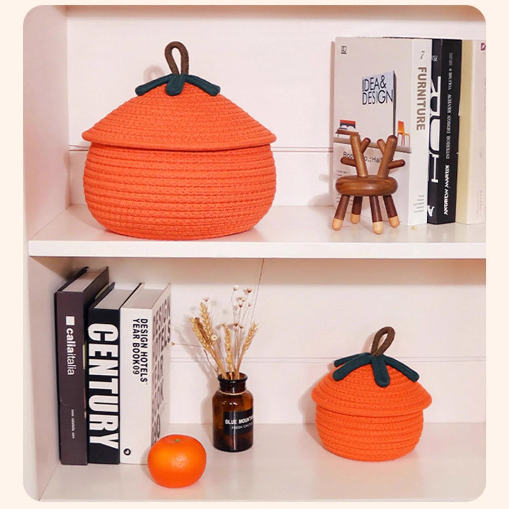 Halloween Pumpkin Basket with Lid, Halloween Pumpkin Woven Storage Basket, Candy Basket Decorative Cute Basket, Orange Woven Rope Basket for Store Toys Candys Snacks (Small)