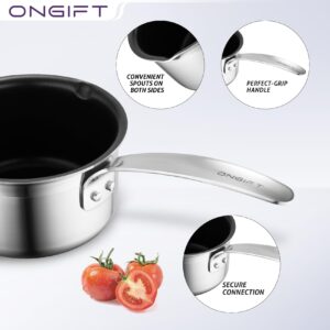 ONGIFT Stainless Steel Sauce Pan with Non Stick Coatings, Small Sauce pan with Pour Spout, 1.4 Quart Cooking Pot for Soups, Stews & Milk, No PTFE, PFOA & PFAS