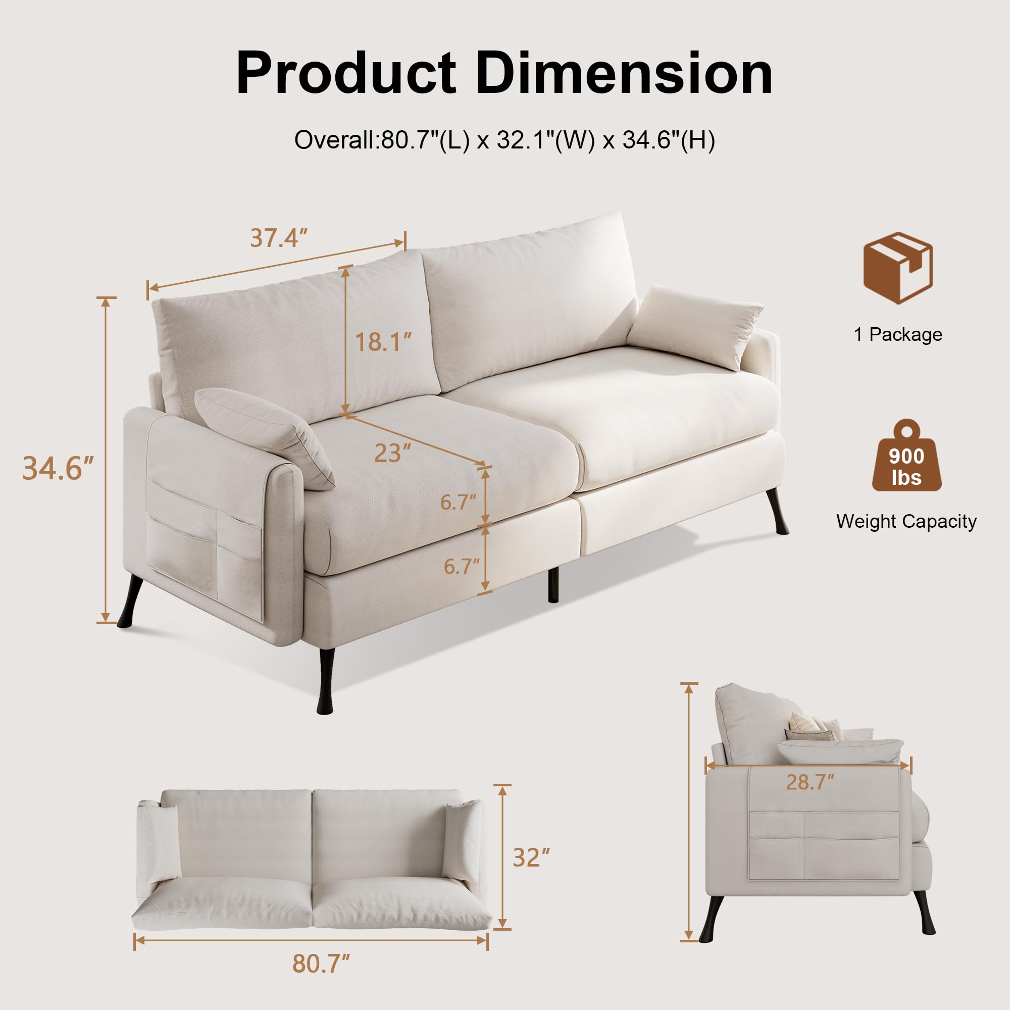 iPormis 80.7 Inch Sofa Couch with Storage Bags, Comfy Couch with Extra Deep Seats, Modern 3 Seat Sofa for Small Space, Loveseat Sofa, Removable Sofa Cover, White