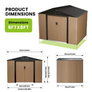 CuisinSmart Storage Large Metal Storage Shed, 8 x 6 FT Outdoor Storage Shed, Metal Garden Tool Shed with Roof, Door & Lock, Waterproof and Anti-UV, for Patio Garden Yard, Brown