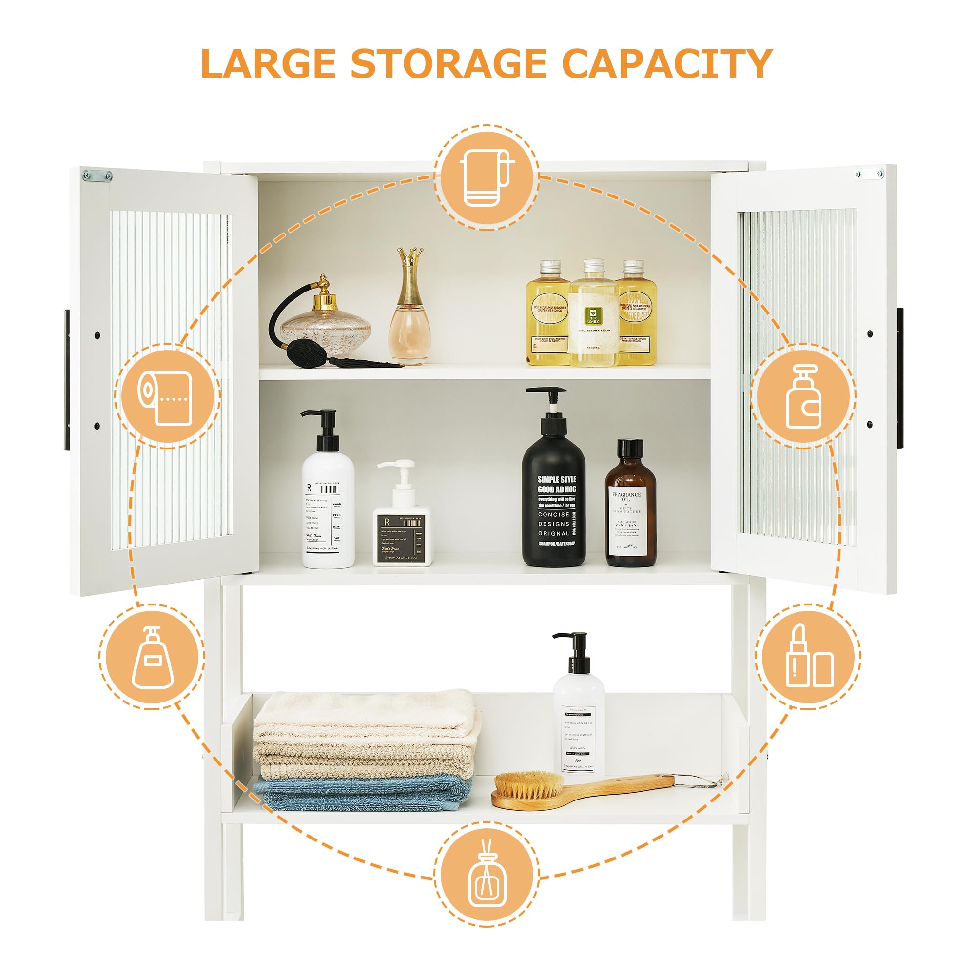 GarveeHome Bathroom Over The Toilet Storage Cabinet with Glass Doors, Adjustable Shelves, Large Storage Organizer, White