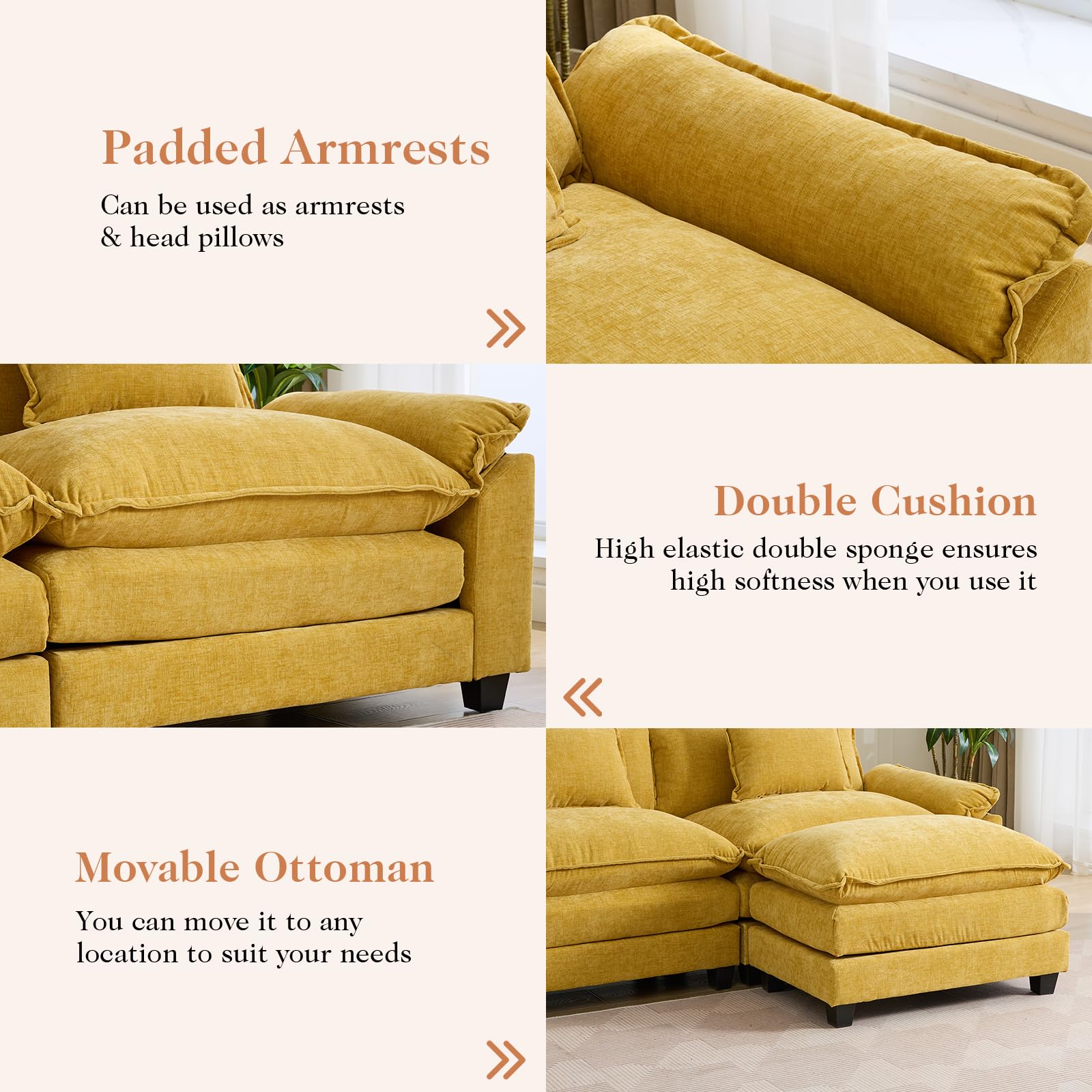 SENIFIS 86" Sectional Sofa Couch, Chenille L-Shaped Loveseat Sleeper Sofa Couch with Movable Ottoman,Lumbar Pillows, Comfy Cloud Sofa Couches for Living Room (Yellow, Loveseat)